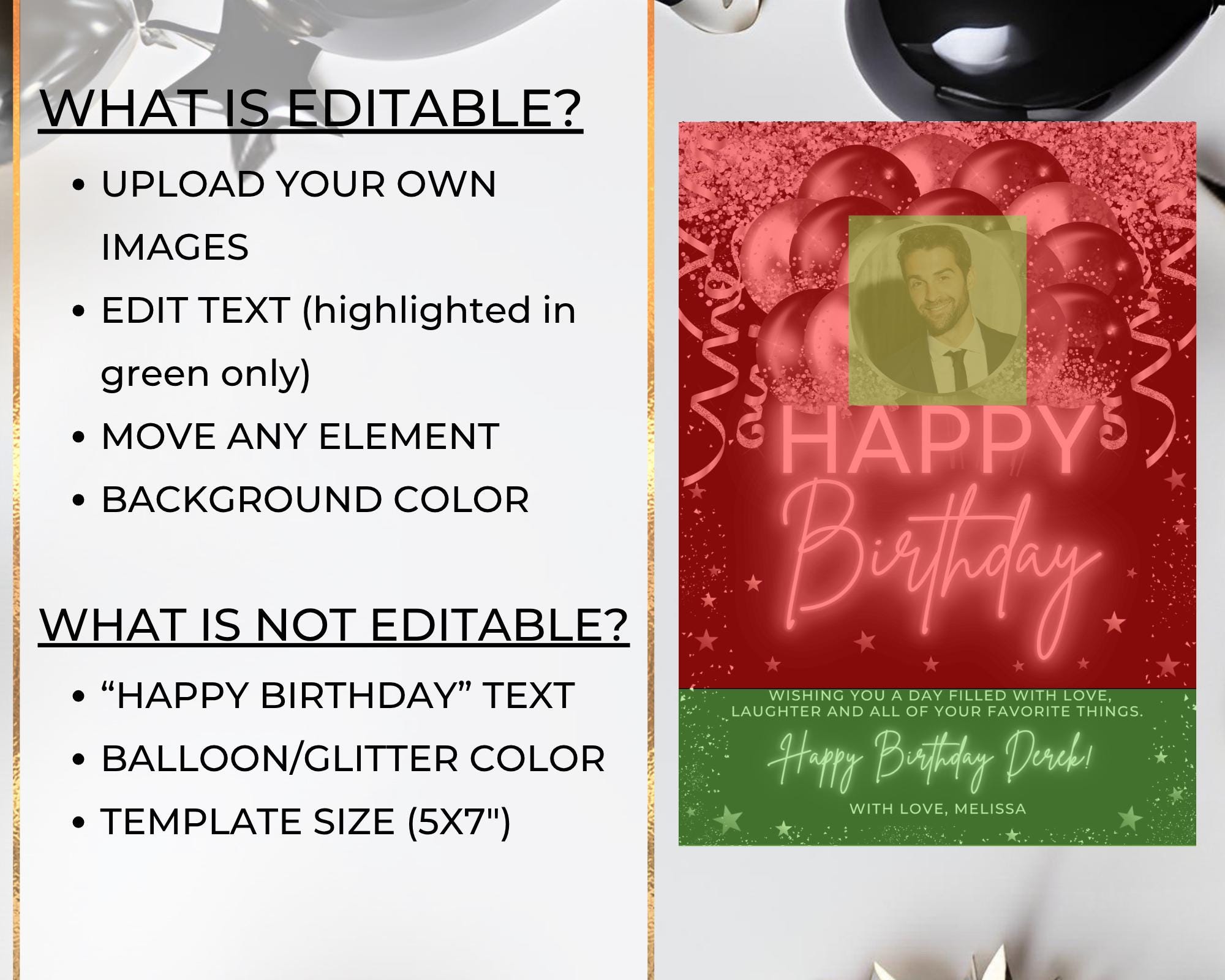 Editable Glam Photo Happy Birthday Greeting Card, Neon Black Silver ...