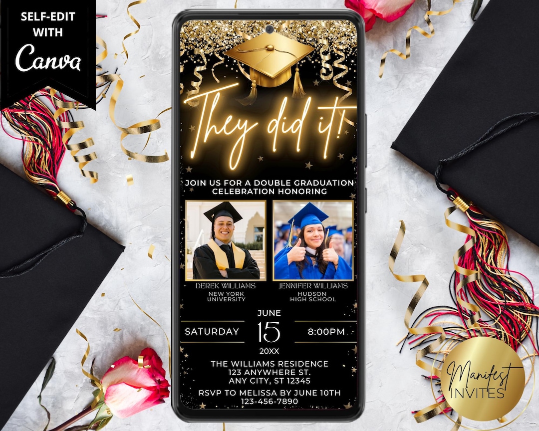 Digital Black Gold Double Graduation Party Photo Invitation, 2 Person ...