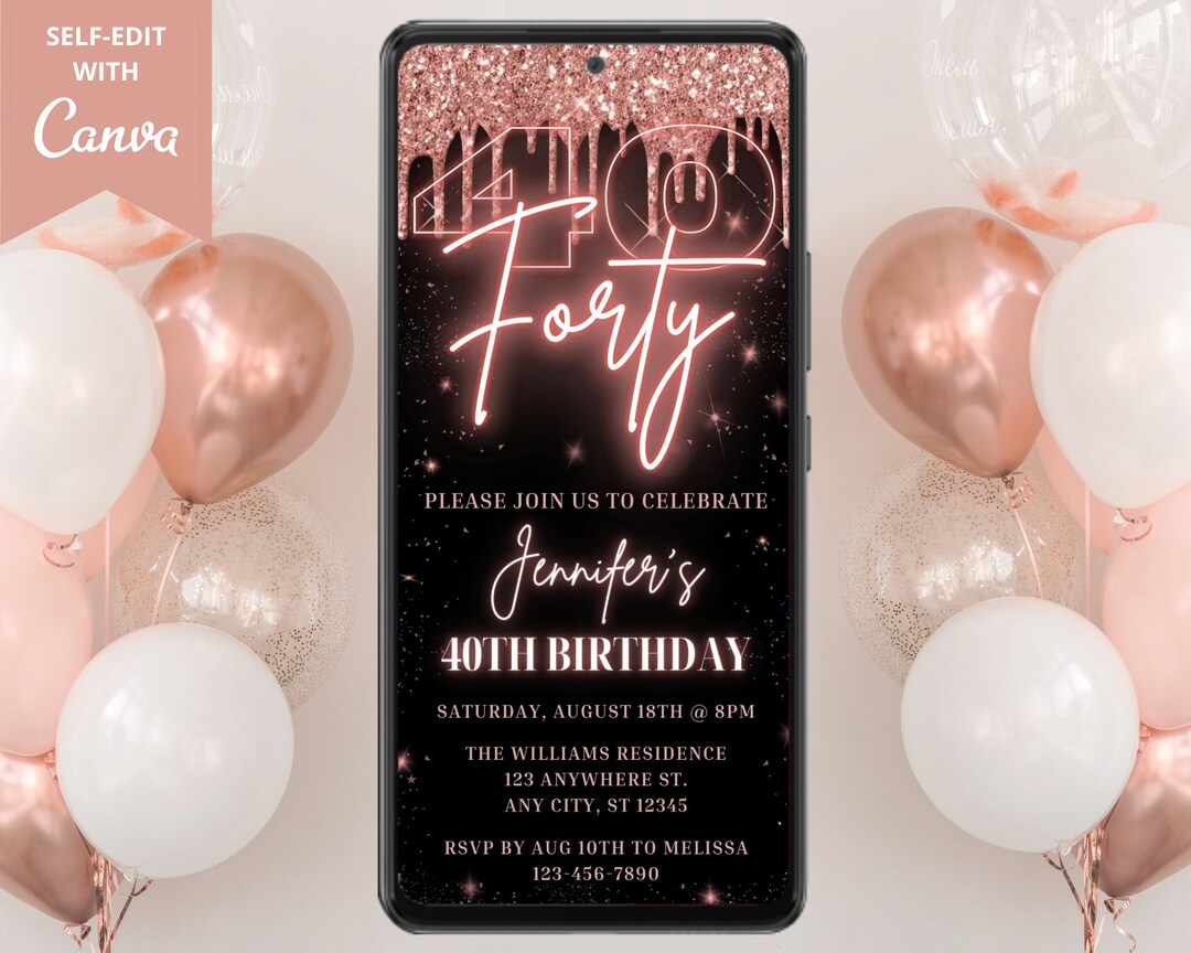 Digital Rose Gold Forty 40th Birthday Party Invitation, Electronic ...