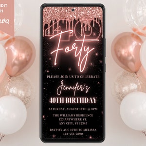 Digital Rose Gold Forty 40th Birthday Party Invitation, Electronic ...