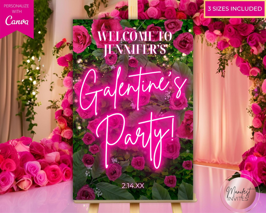Editable Galentine's Day Party Welcome Sign Template, Pink Neon Floral ...
