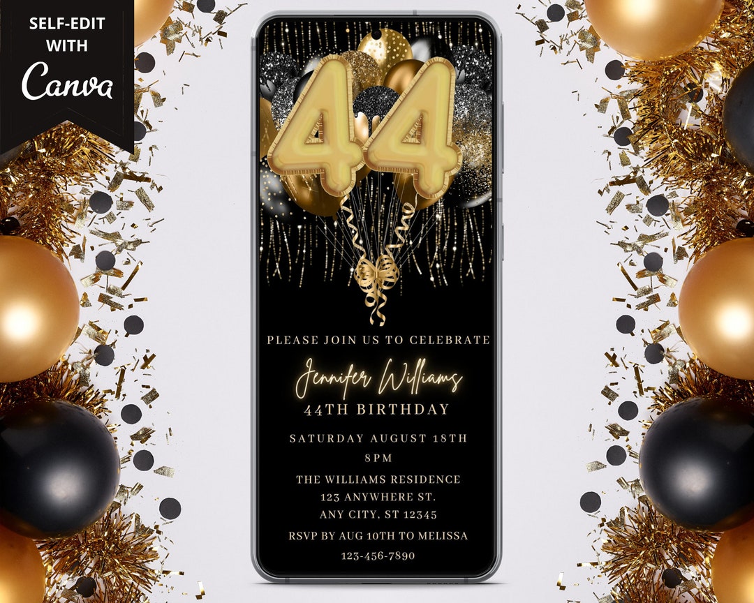 Editable 44th Birthday Party Digital Invitation Electronic - Etsy