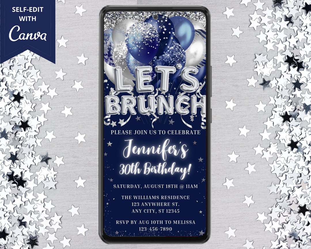 Digital Navy Blue Silver Birthday Brunch Invitation, Electronic Phone ...