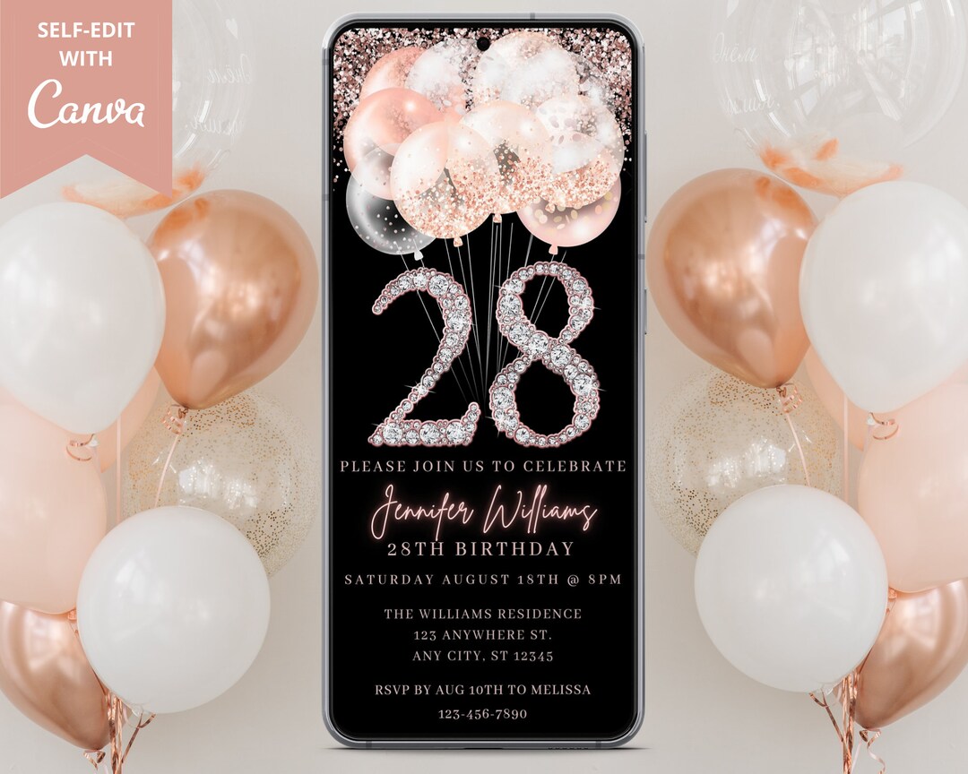 Rose Gold 28th Birthday Electronic Invitation Digital 28th - Etsy