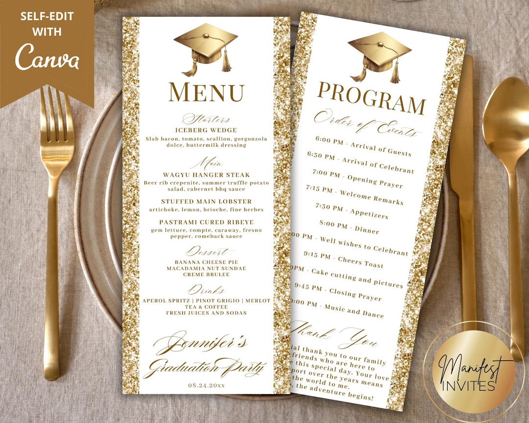 Editable Modern Graduation White Gold Dinner Menu Card and Program ...