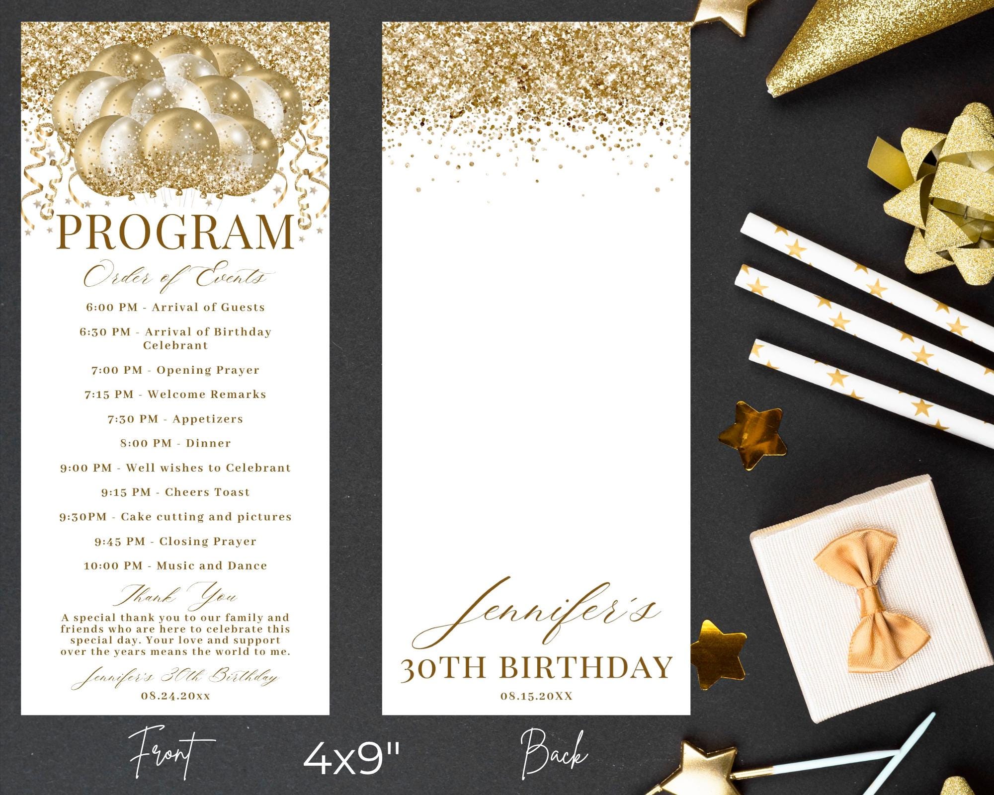 Editable Elegant White Gold Glitter Balloons Program and Thank You Card ...