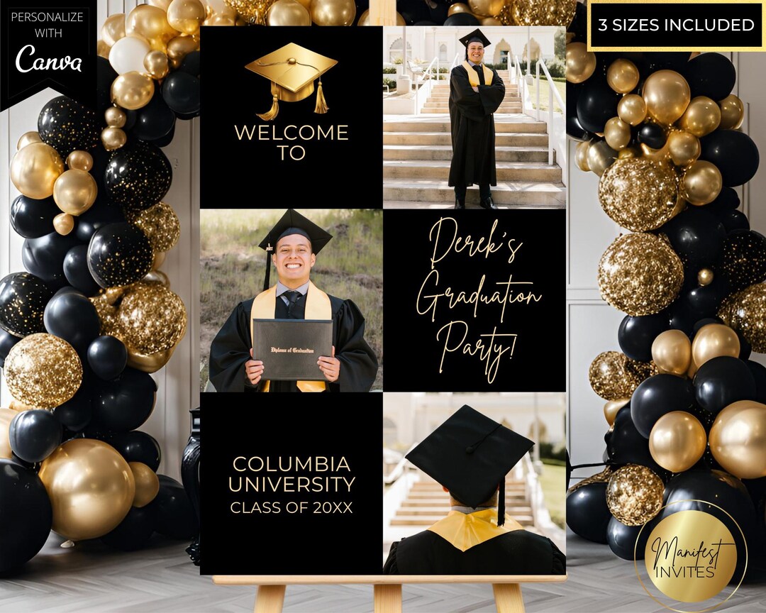 Editable Modern Black Gold Graduation Party Welcome Sign Photo Template ...