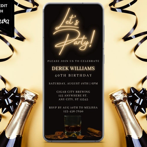 Editable Whiskey Birthday Invitation Cigar Party Bourbon Etsy