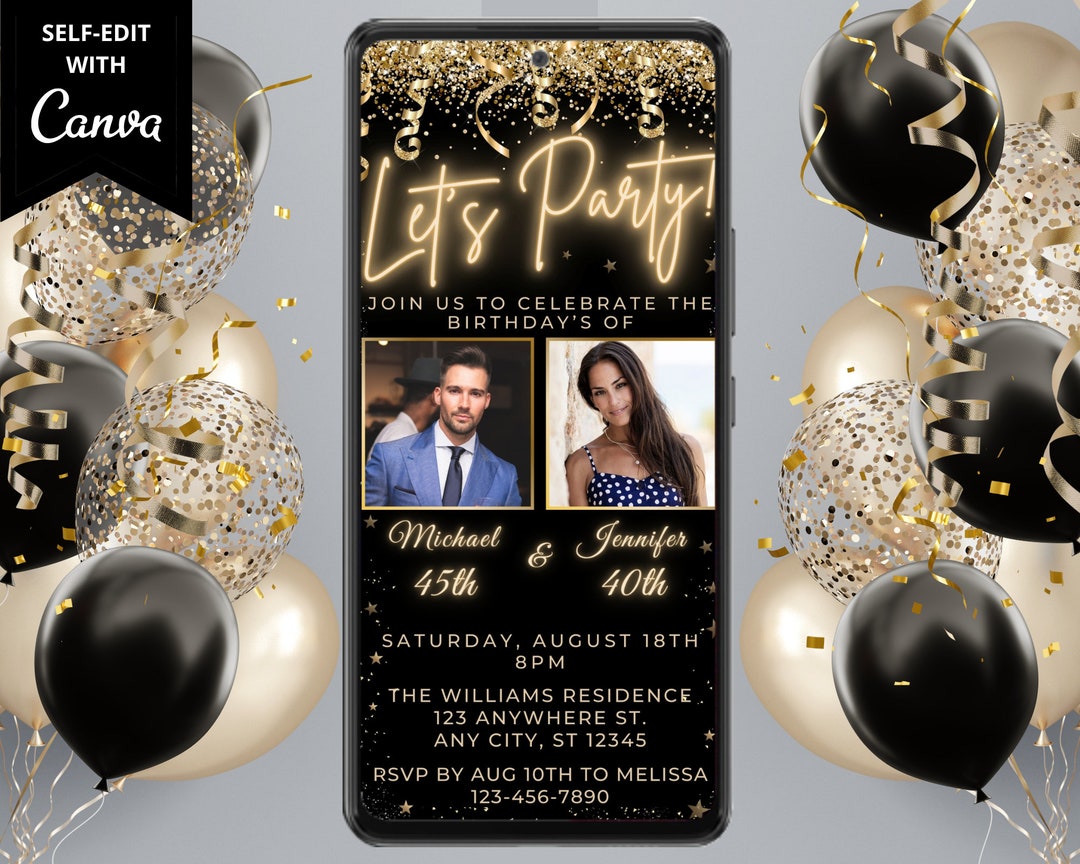 Digital Joint Double Birthday Party Photo Template Invitation, Gold Let ...