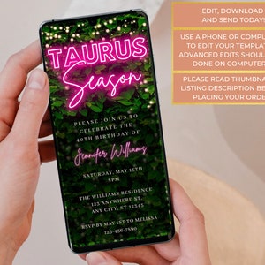 Taurus Season Birthday Digital Invitation, Electronic Party Invite ...