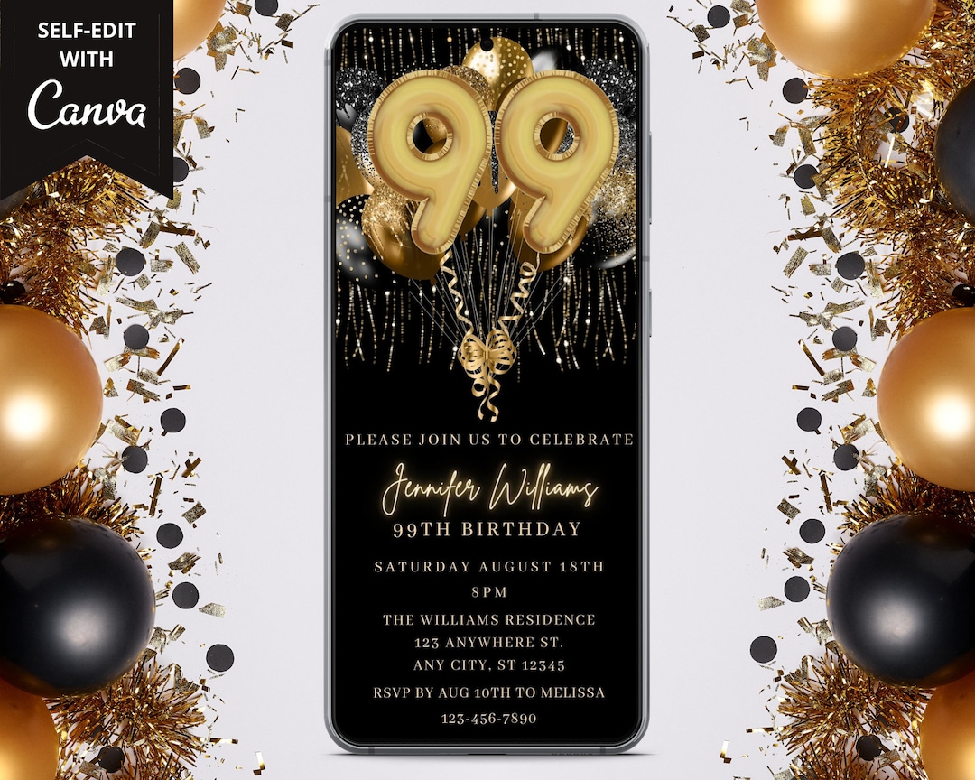 99th Birthday Party Digital Invitation, Electronic 99th Birthday Invite ...