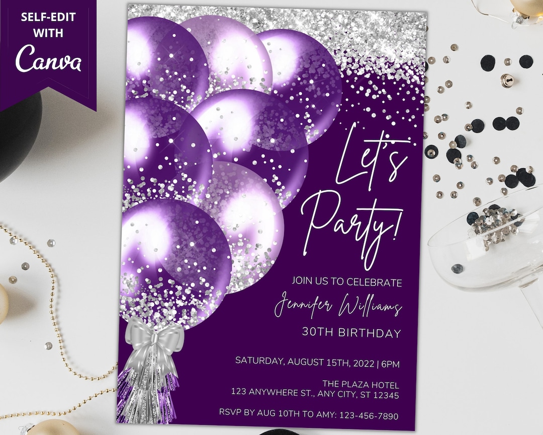 Editable Purple Silver Birthday Invitation, Printable Birthday Party ...