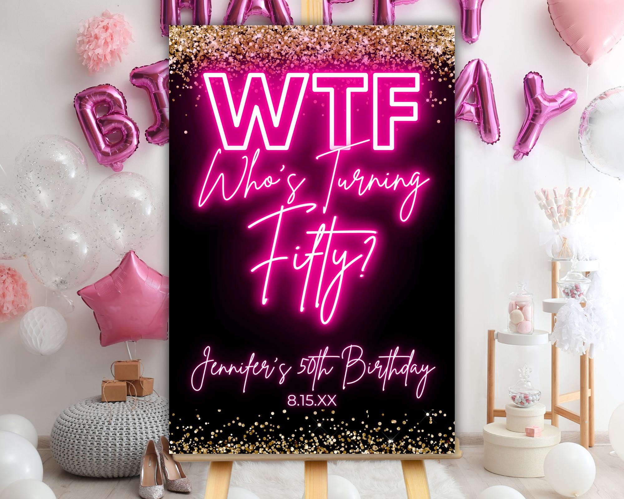 Editable WTF Who's Turning Fifty 50th Birthday Party Welcome Sign ...