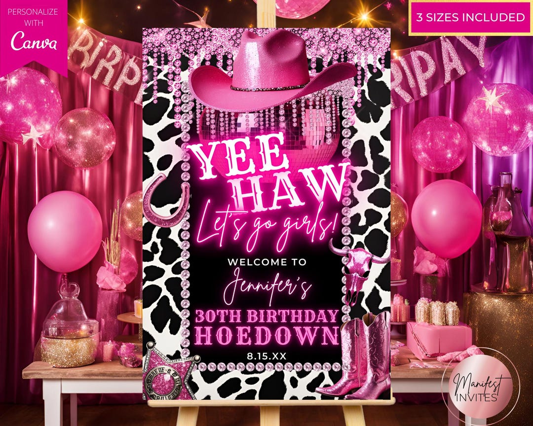 Editable Pink Disco Cowgirl Birthday Hoedown Welcome Sign, Western Glam ...