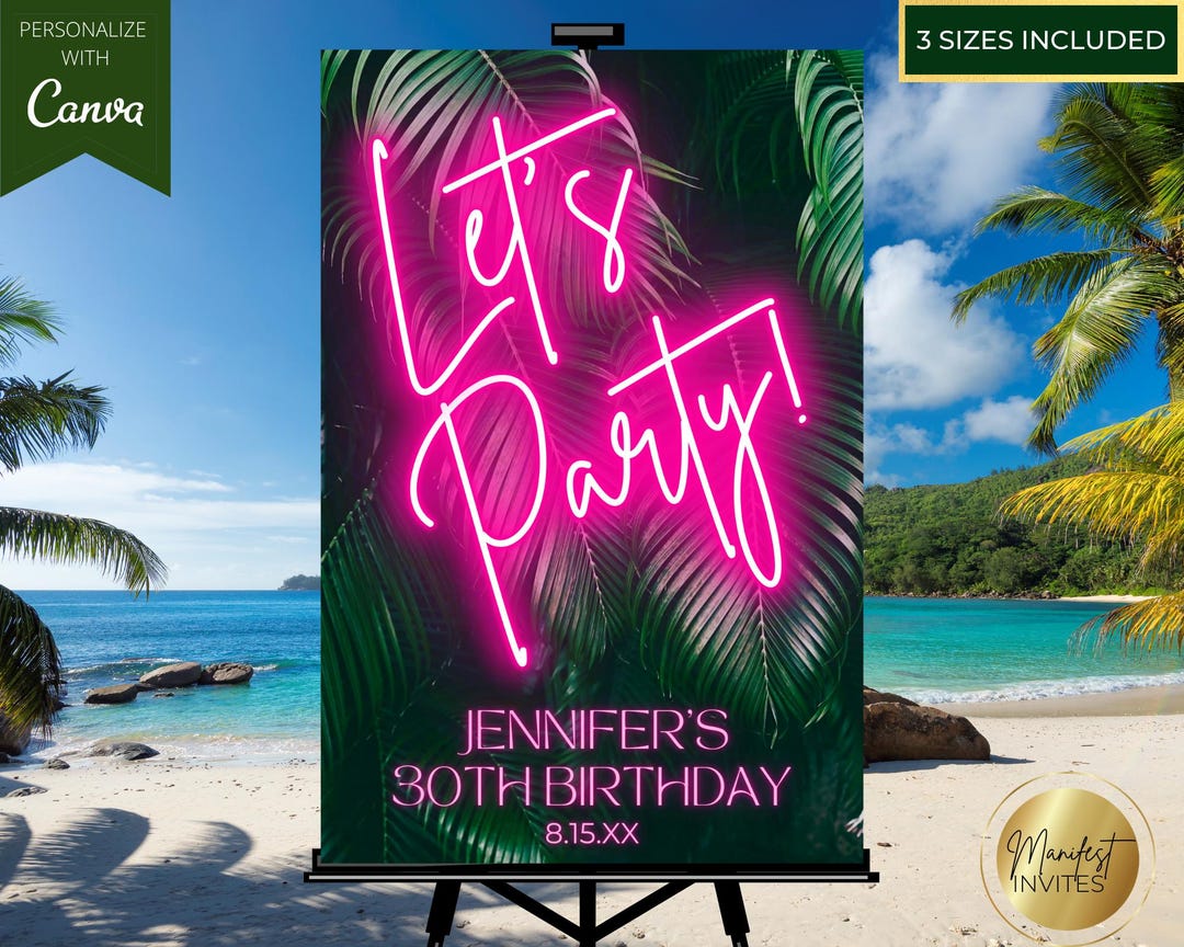 Editable Tropical Pink Neon Let's Party Welcome Sign, Summer Safari ...