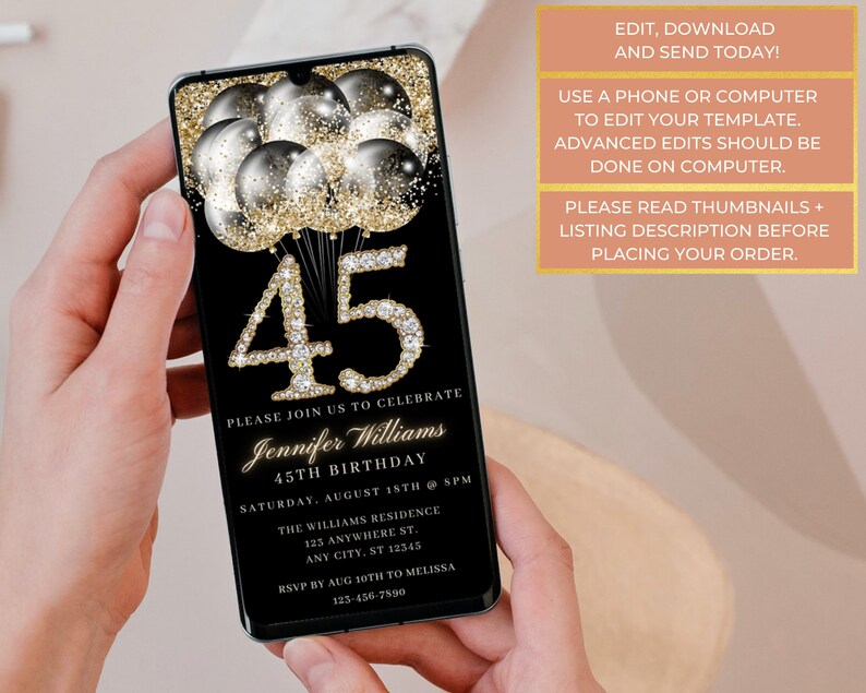 Digital 45th Birthday Party Invitation Electronic Phone Text - Etsy