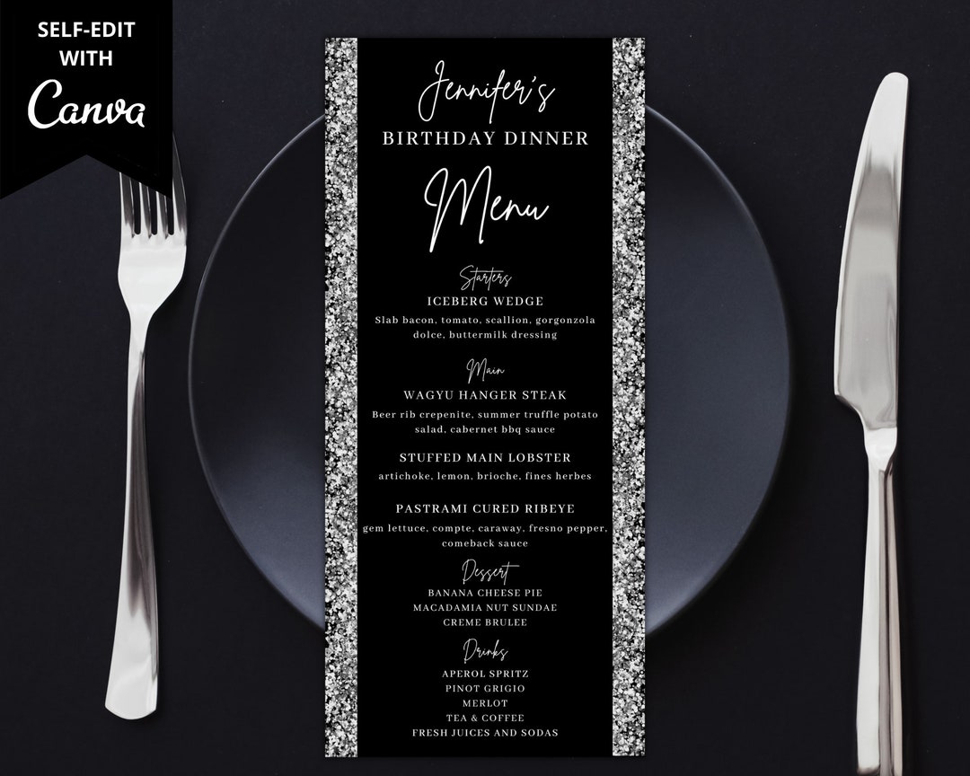 Editable Silver Glitter Birthday Dinner Menu Card, Printable Birthday ...