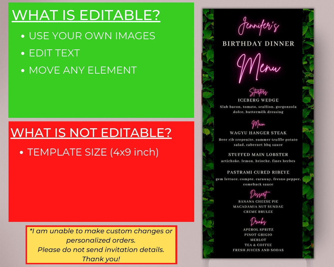 Editable Birthday Dinner Menu Card Printable Birthday Dinner - Etsy