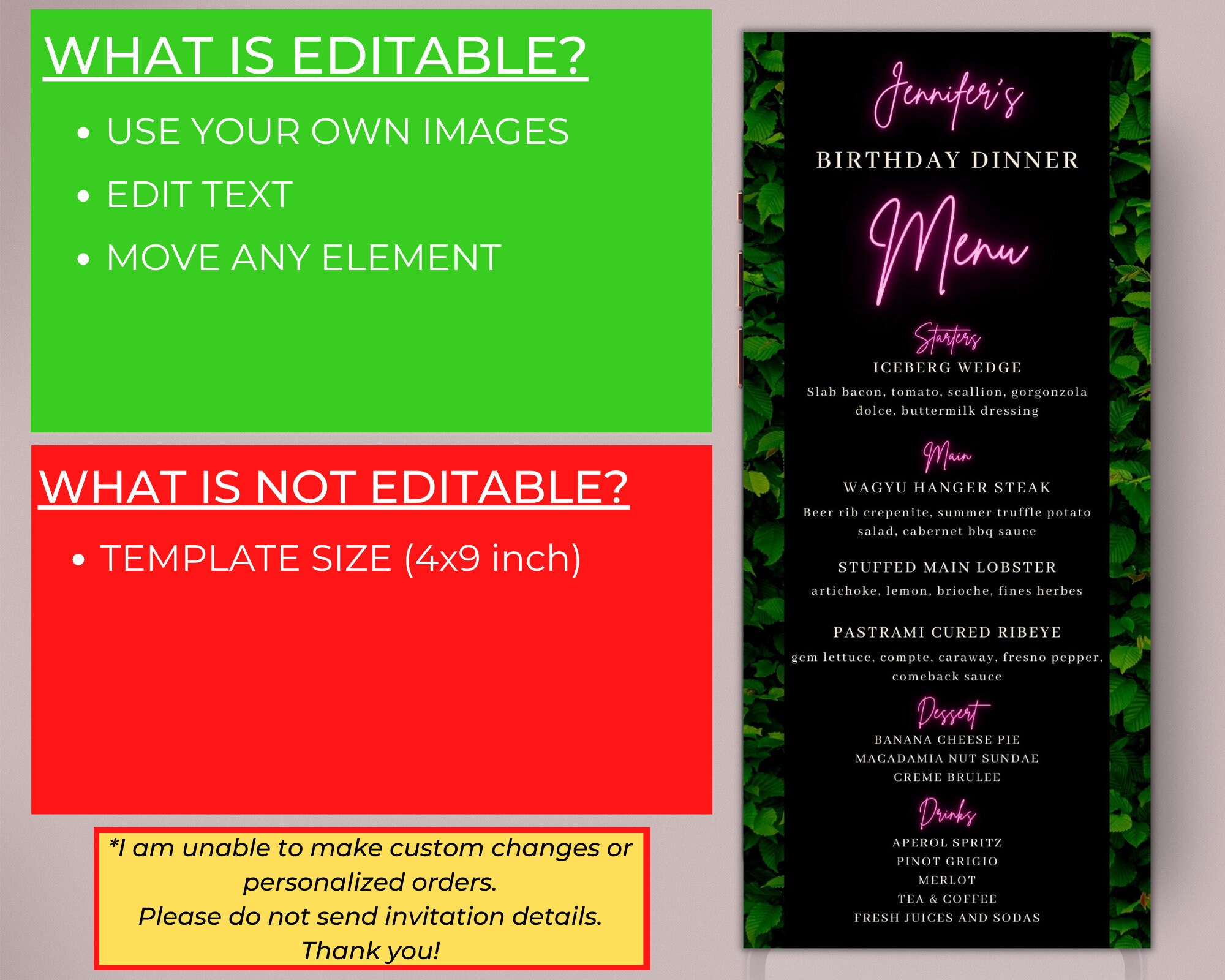 Editable Birthday Dinner Menu Card Printable Birthday Dinner - Etsy