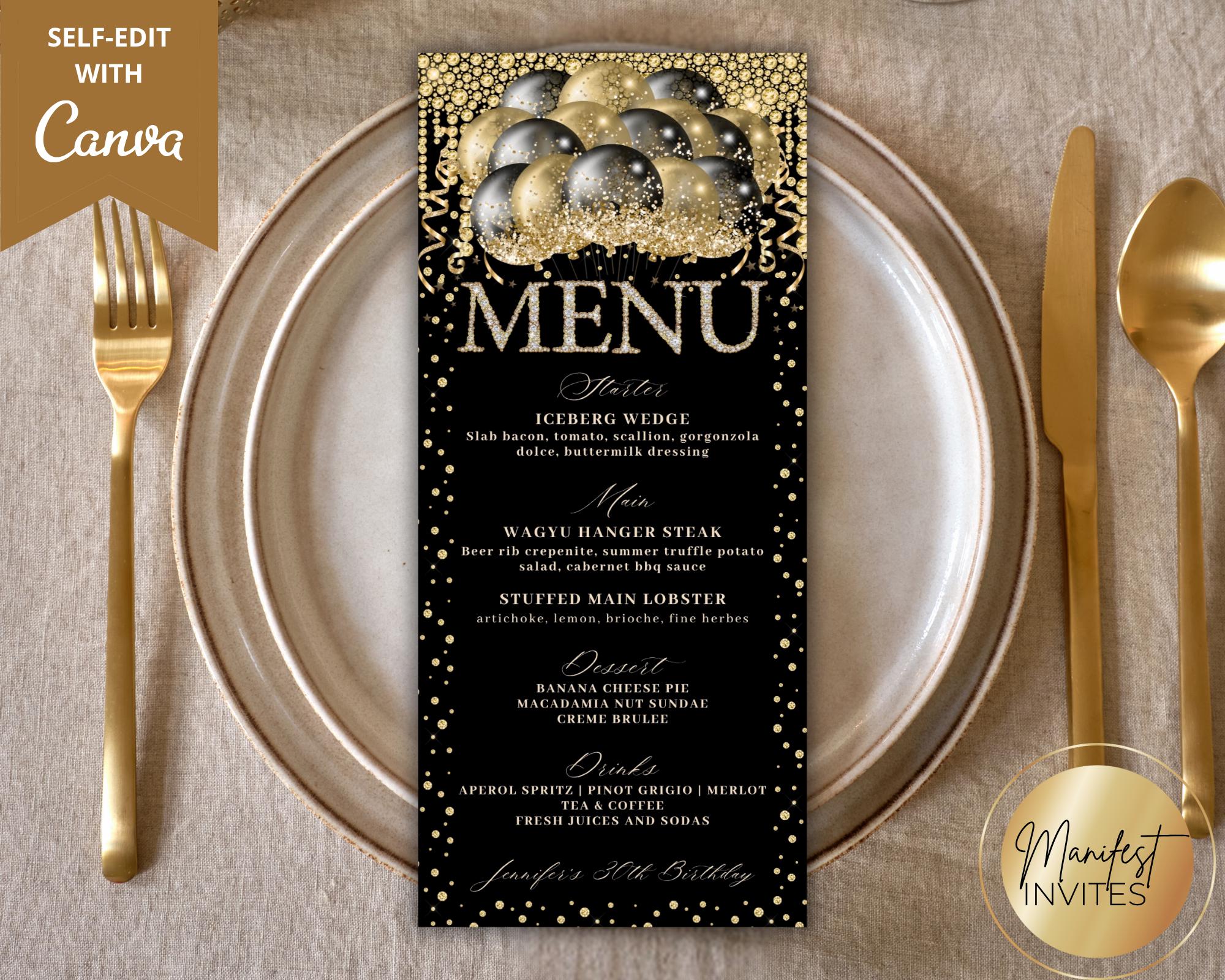 Editable Glam Black Gold Glitter Balloons Diamond Menu and Drink Card ...