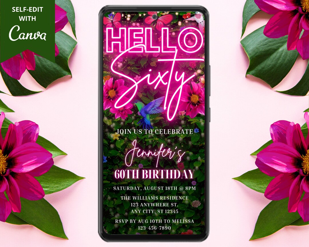 Digital 60th Hello Sixty Pink Neon Floral Greenery Birthday Party ...