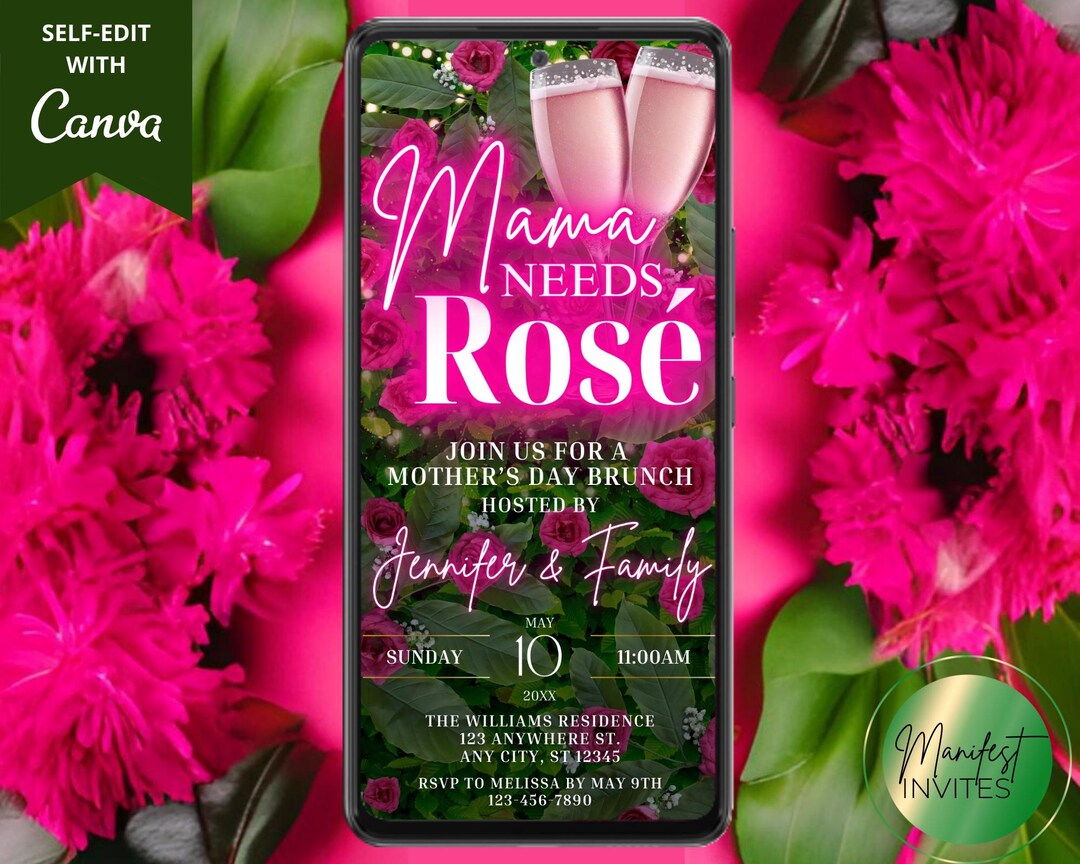 Digital Mother's Day Brunch Invitation, Mama Needs Rose, Pink Neon ...