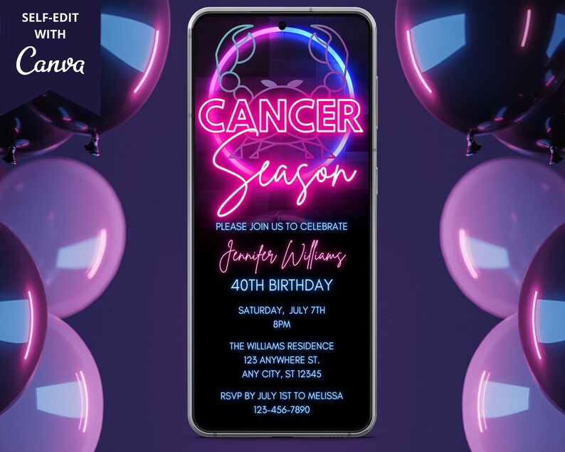 Cancer Zodiac Birthday Digital Invitation Electronic Party - Etsy