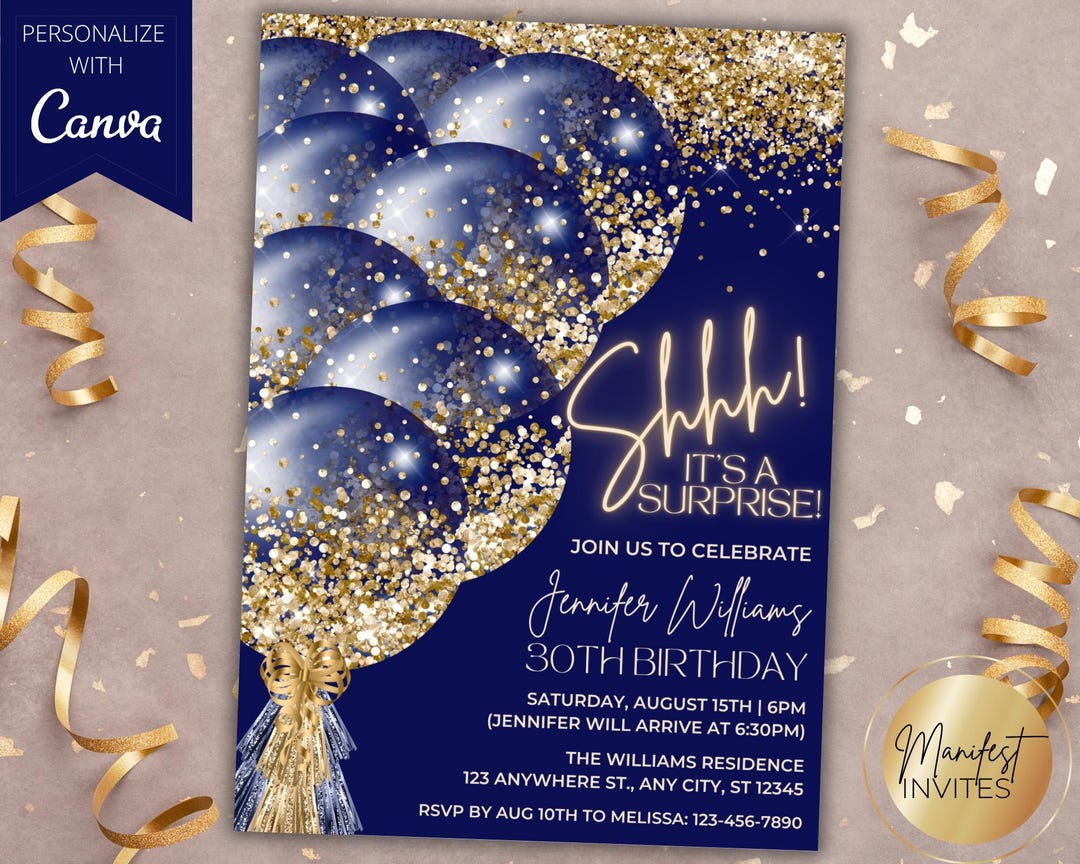 Editable Shhh It's a Surprise Blue Gold Glitter Balloons Glam Birthday ...