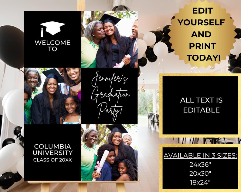 Editable Modern Black White Graduation Party Welcome Sign Photo ...
