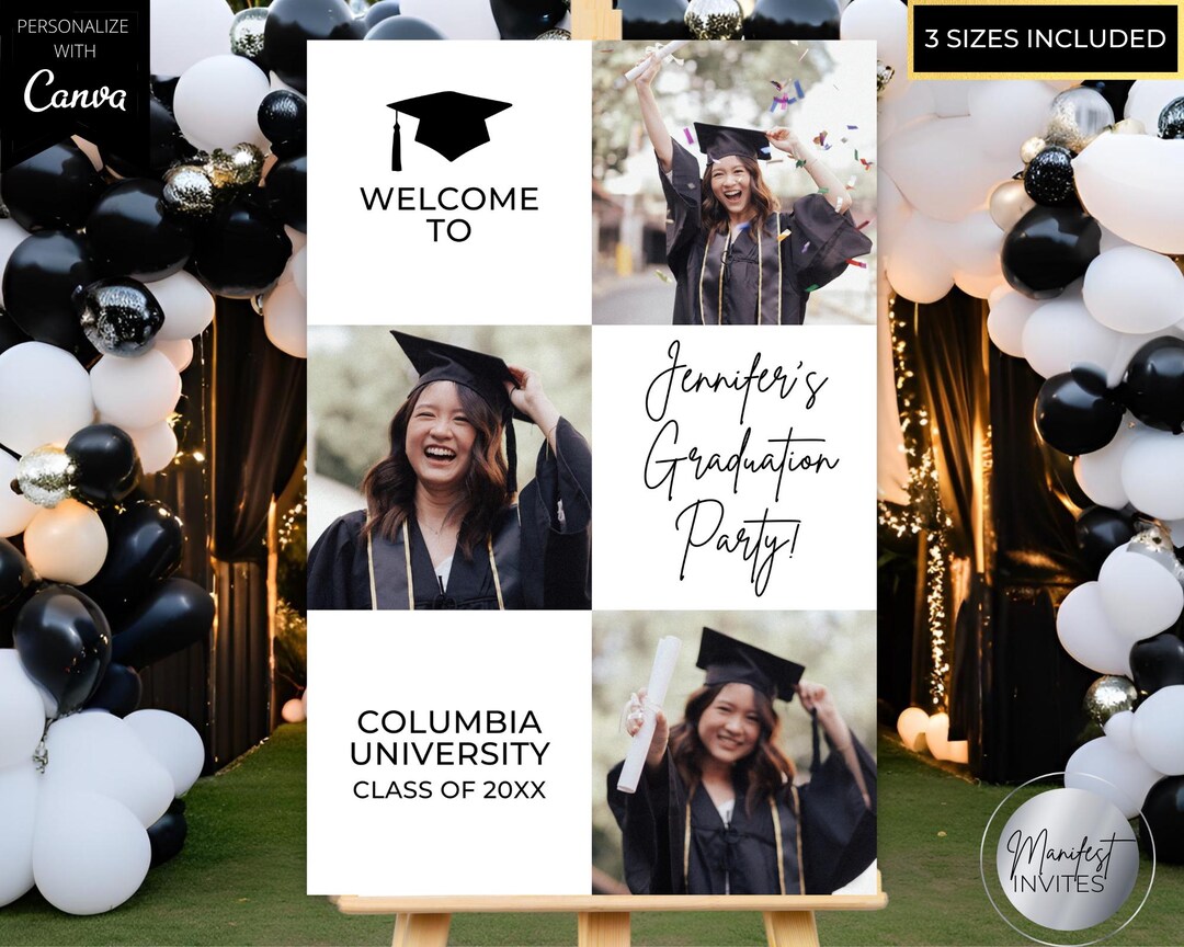 Editable Modern Black White Graduation Party Welcome Sign Photo ...