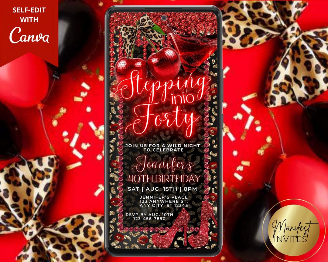 Digital 40th Birthday Cheetah and Cherry Party Invitation, Stepping ...