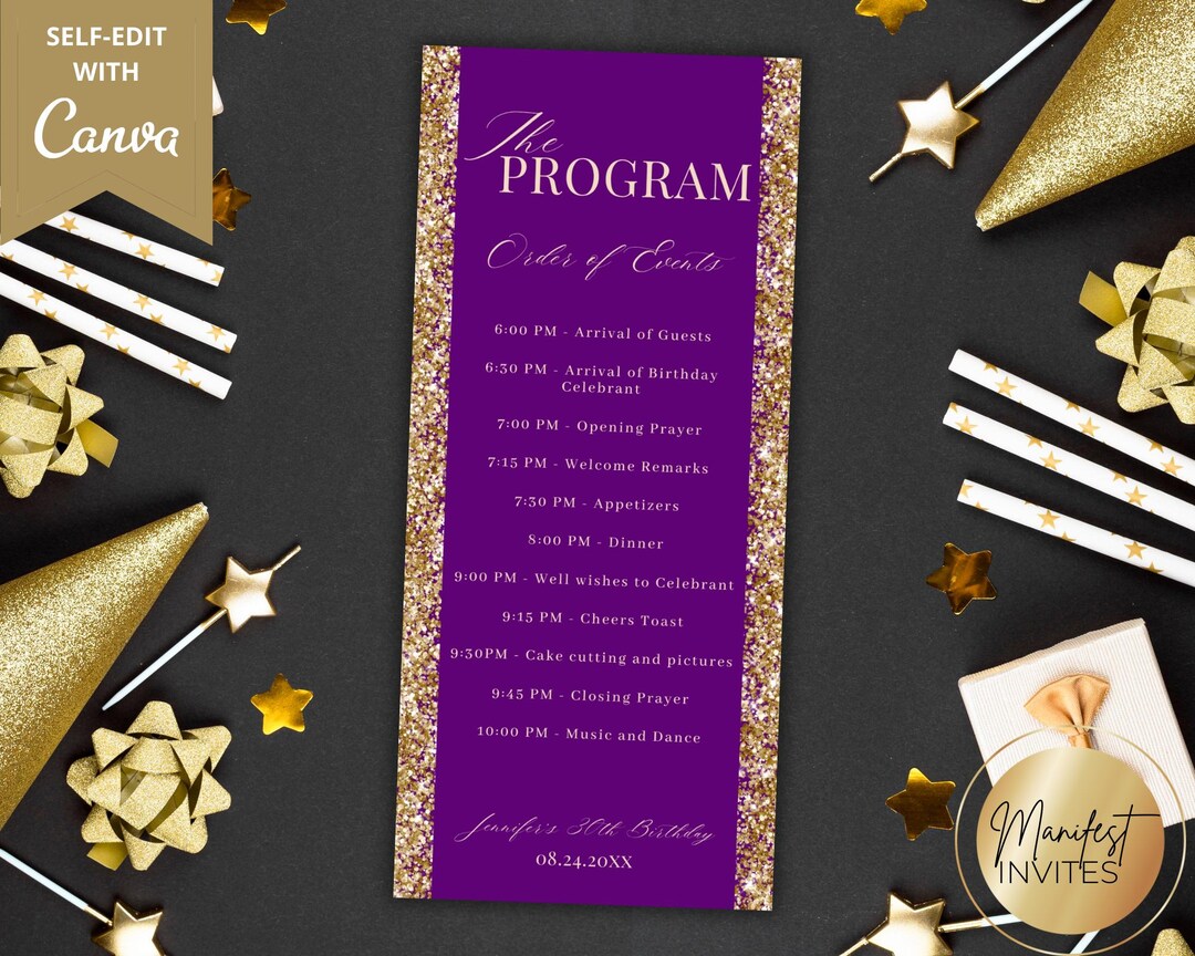 Editable Purple Gold Glitter Birthday Event Program Card Template ...