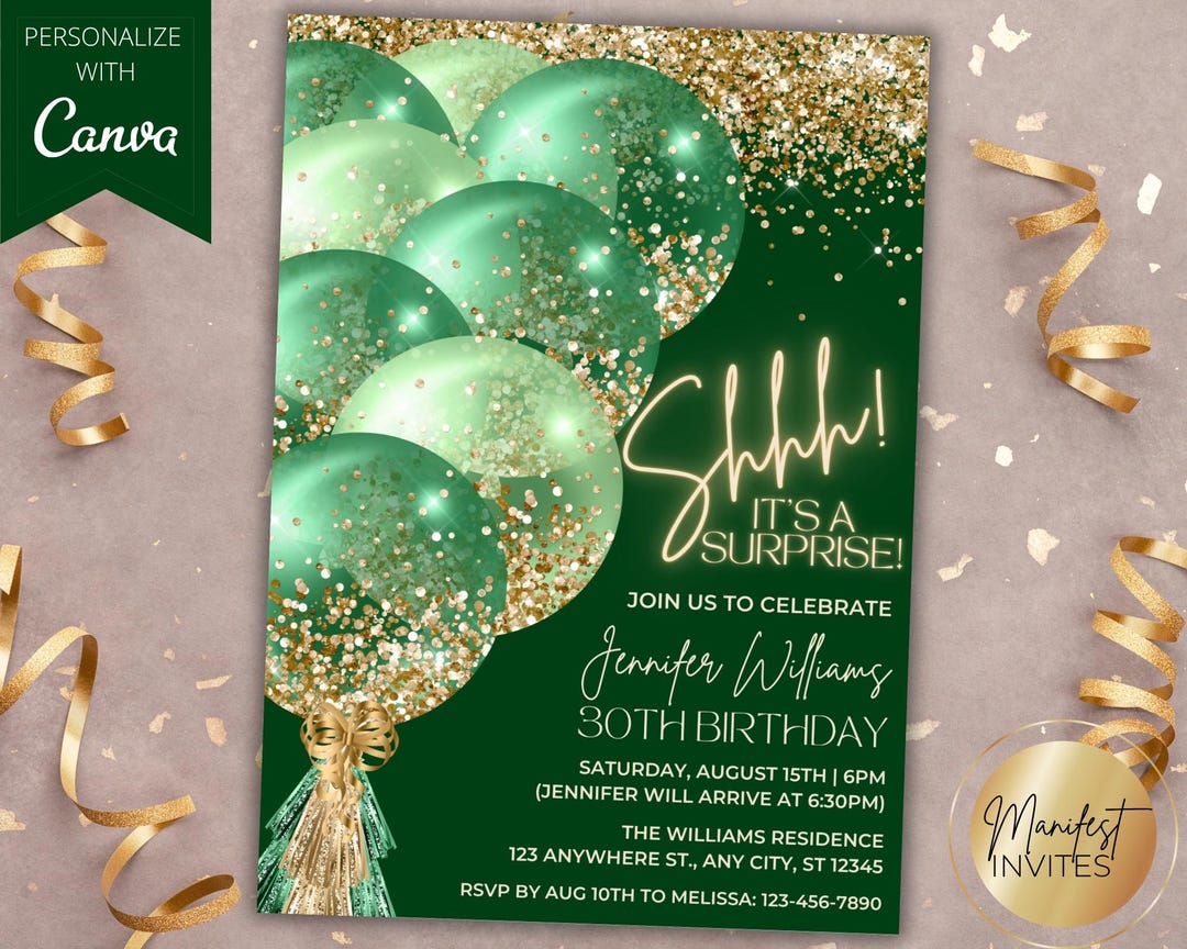 Editable Shhh It's a Surprise Green Gold Glitter Balloons Glam Birthday ...