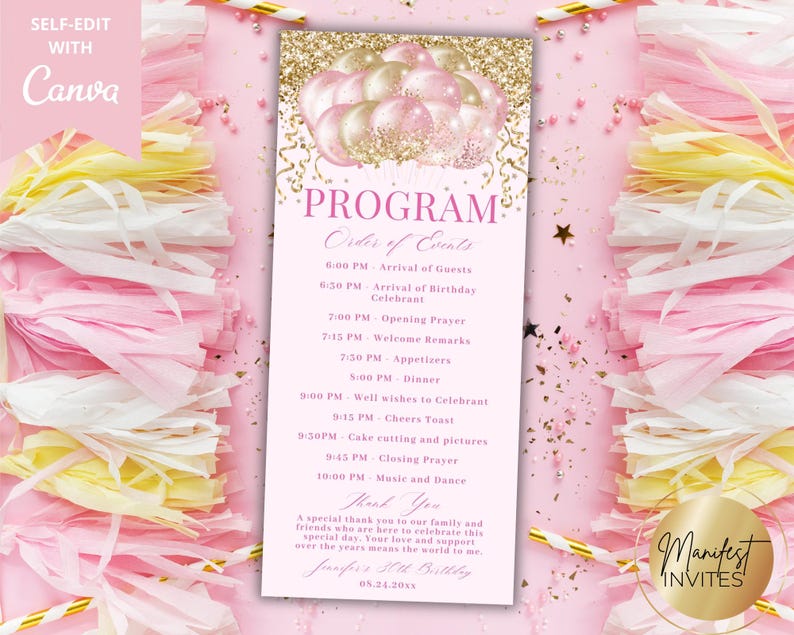 Editable Elegant Pink Gold Glitter Balloons Program and Thank You Card ...