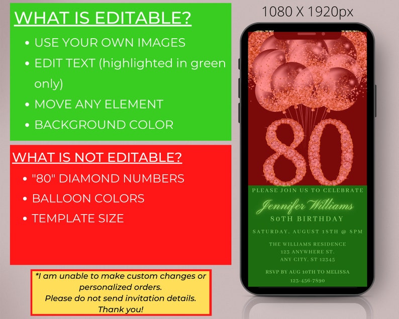 Digital 80th Birthday Party Invitation Electronic Text Etsy