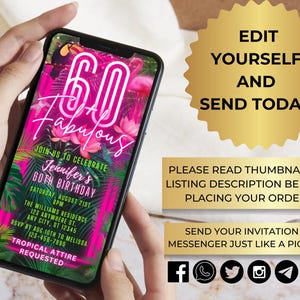 Digital 60 and Fabulous 60th Birthday Tropical Pink Neon Party ...