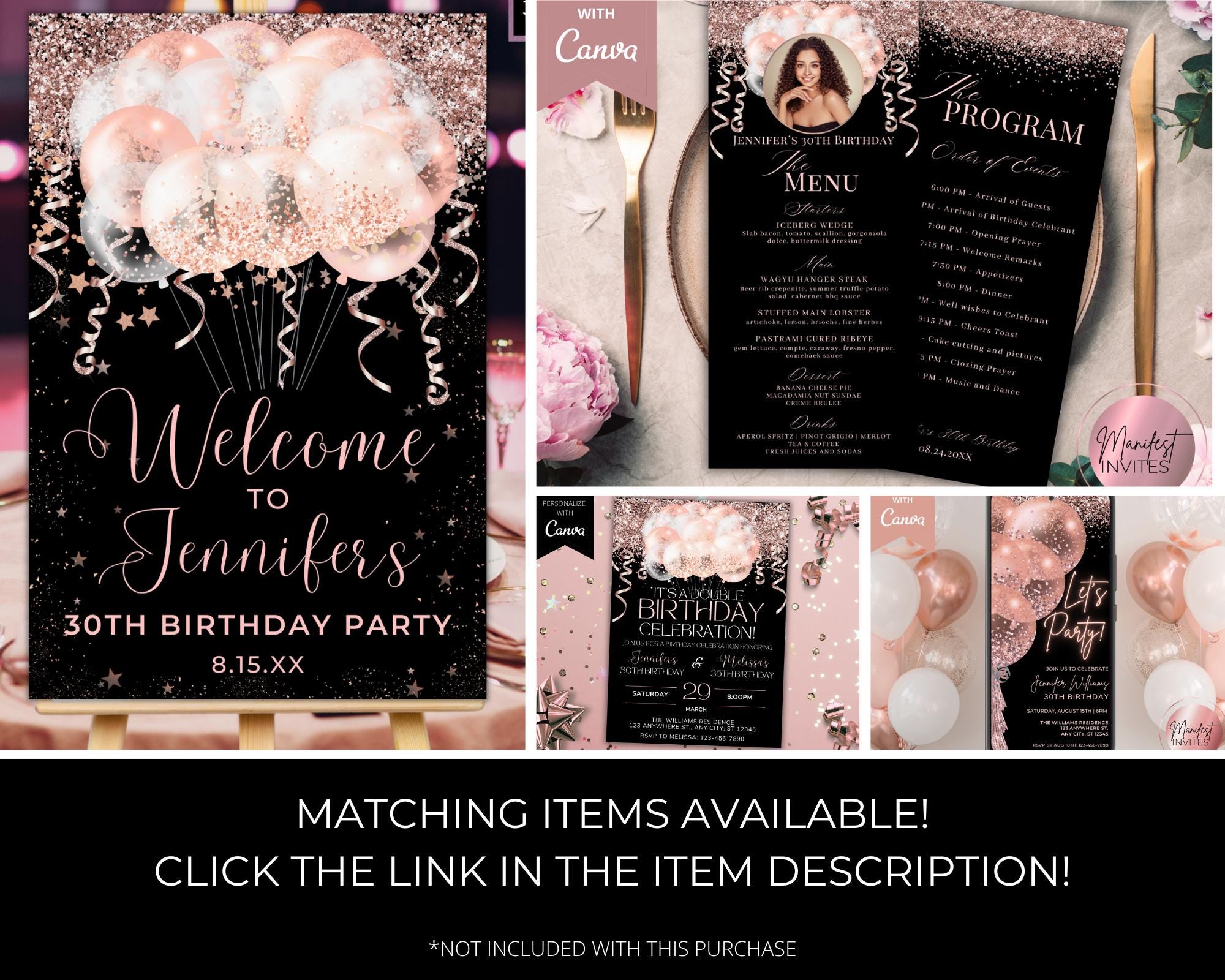 Editable Rose Gold Glitter Birthday Event Program Card Template ...