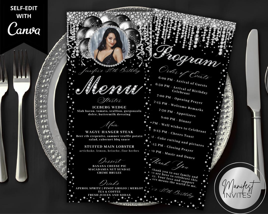 Editable Photo Menu Program & Thank You Card, Glam Diamonds Black ...