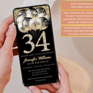 Digital 34th Birthday Party Invitation, Electronic Text Message Evite ...