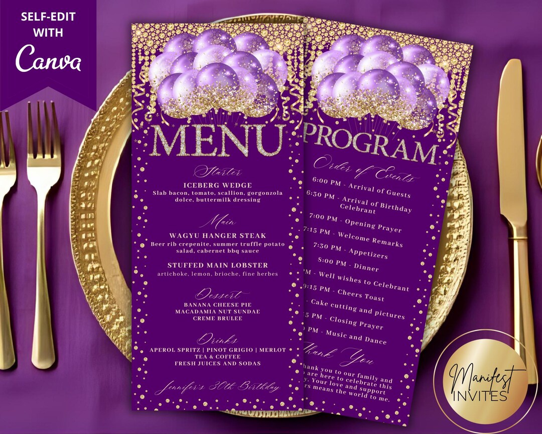 Editable Glam Purple Gold Diamond Glitter Balloons Menu Program and ...