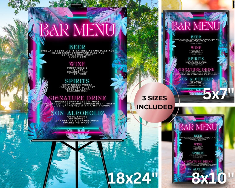 Editable Tropical Pink Teal Neon Bar Menu Template, Printable Signature ...