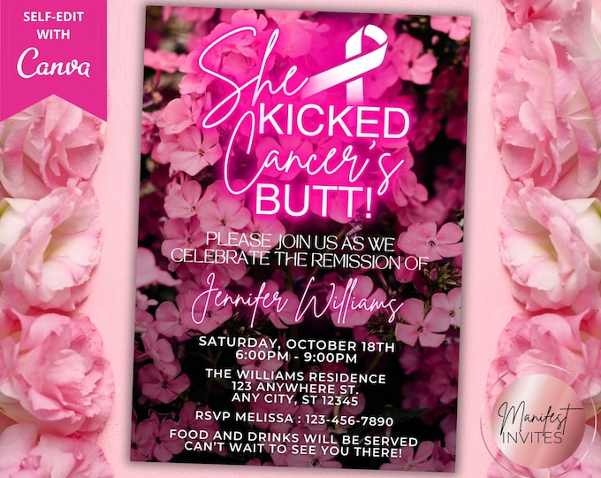 Printable Breast Cancer Survivor Party Invitation, She Kicked Cancer's ...