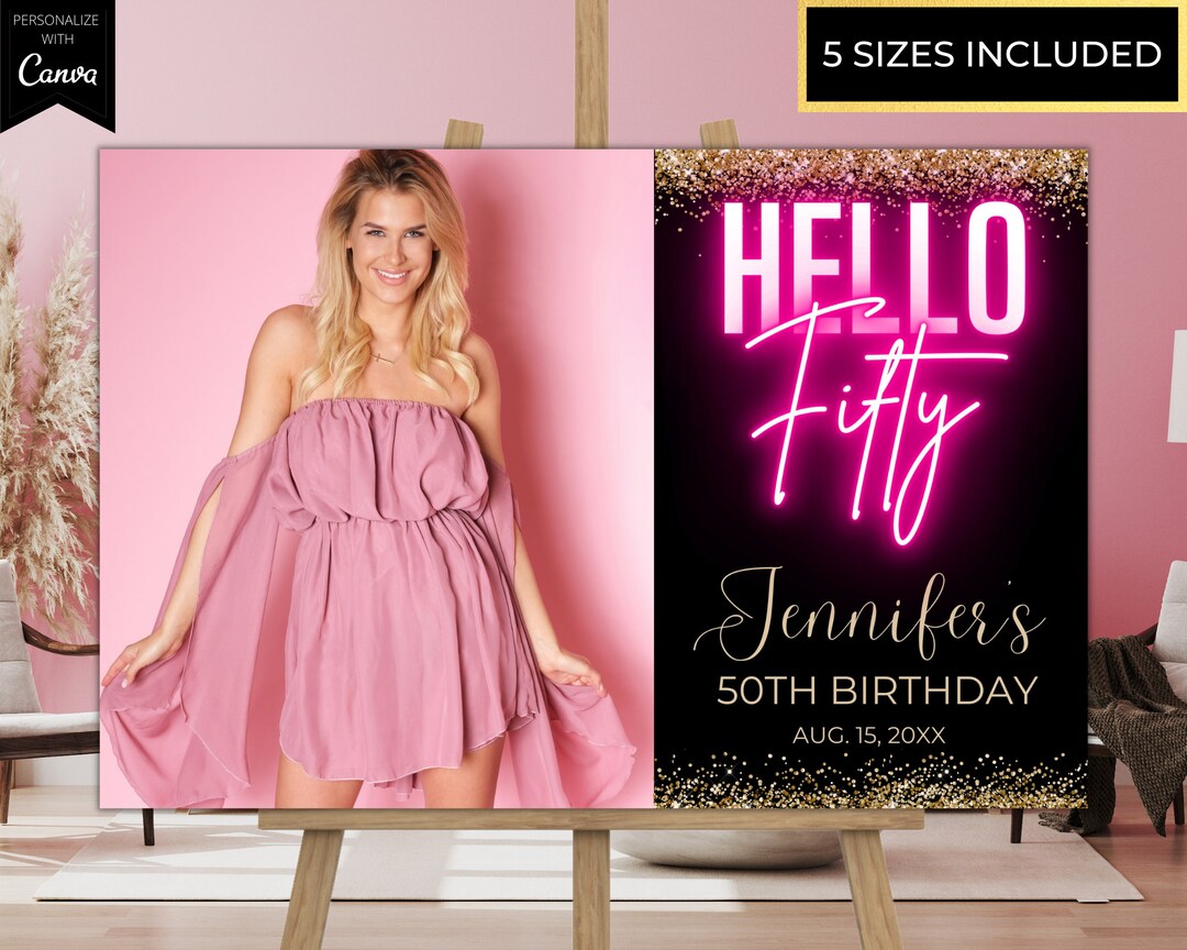 Editable Hello Fifty 50th Birthday Photo Template Welcome Sign, Pink ...