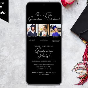 Digital Triple Graduation Invitation, Electronic Grad Party Invite ...