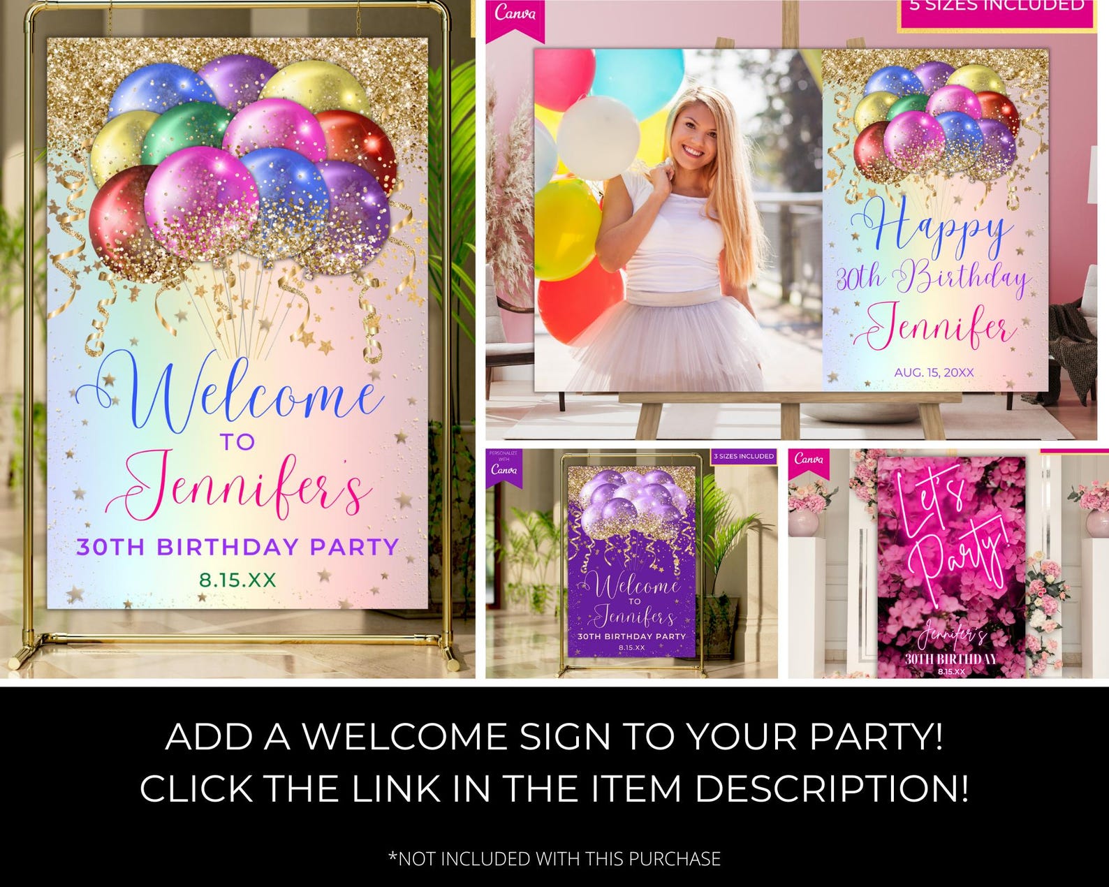 Editable Rainbow Gold Glitter Balloons Save the Date Party Invitation ...