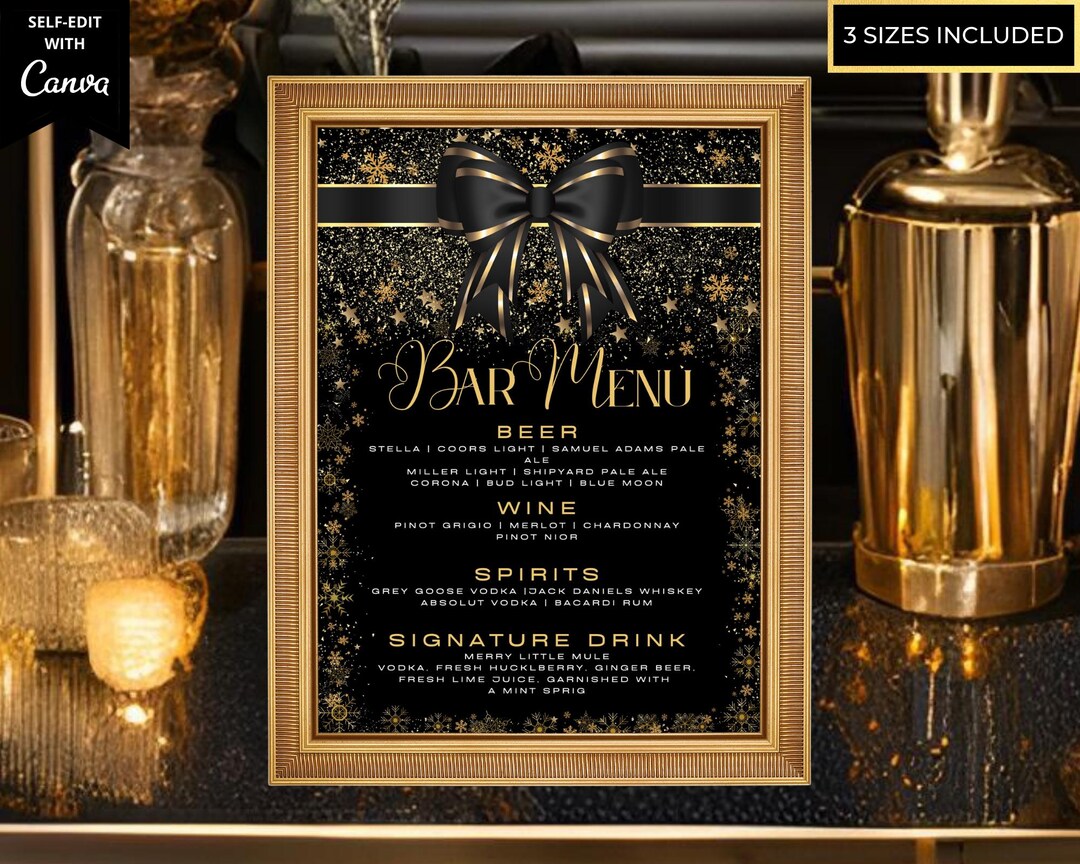 Editable Elegant Christmas Party Bar Menu Template, Black Gold Bow ...