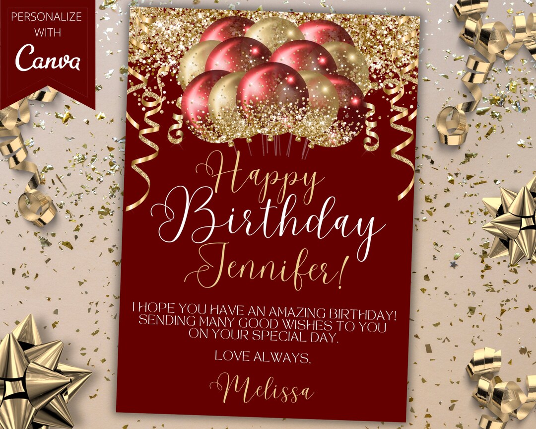 Printable Happy Birthday Greeting Card Red Gold Glitter Balloons ...