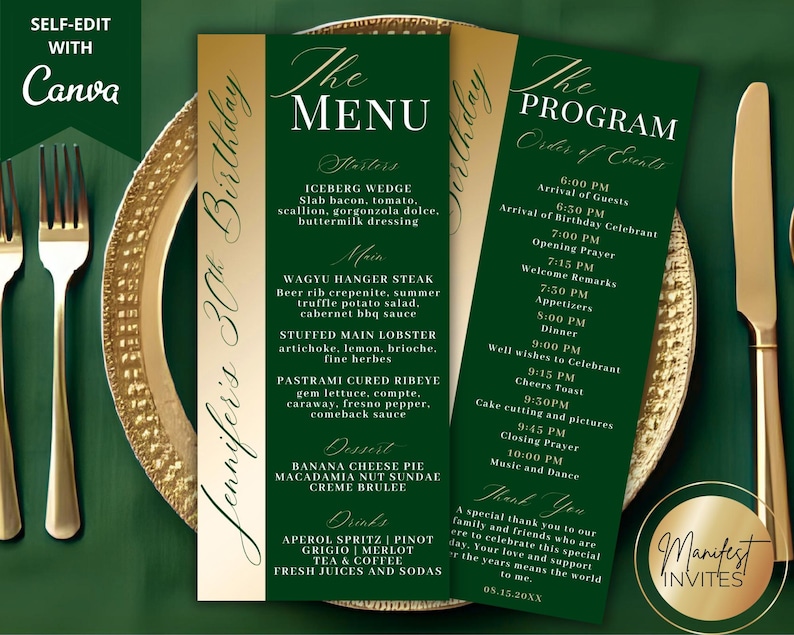 Editable Elegant Green Gold Menu Program and Thank You Card, Modern ...