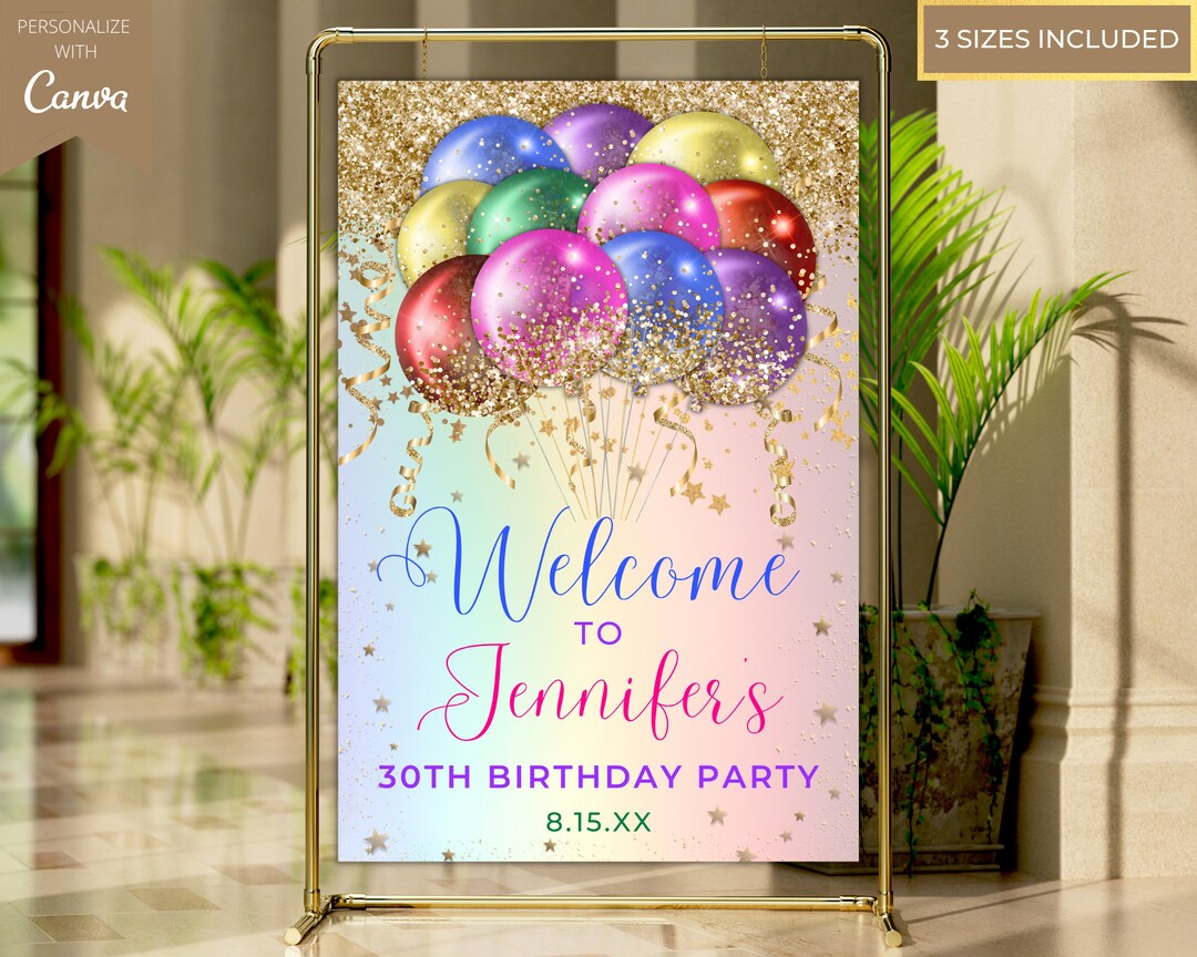 Rainbow Gold Glitter Balloons Printable Welcome Sign, Birthday Party ...