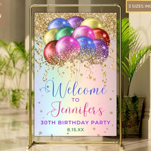 Rainbow Gold Glitter Balloons Printable Welcome Sign, Birthday Party ...